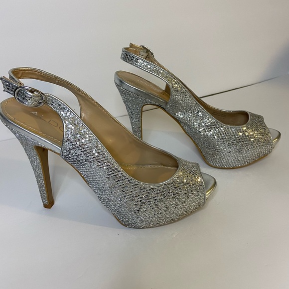Aldo | Shoes | Aldo Silver Glitter Peep Toe Strappy Heels Size 7 | Poshmark